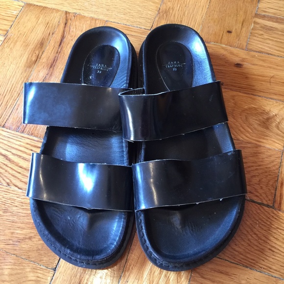 Zara | Shoes | Zara Black Basic Wide Strap Flat Sandals | Poshmark